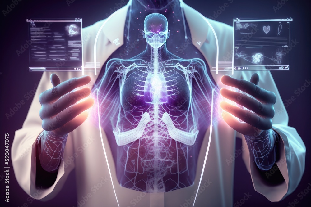 Doctor's hands holding a digital screen with the projection of a human ...