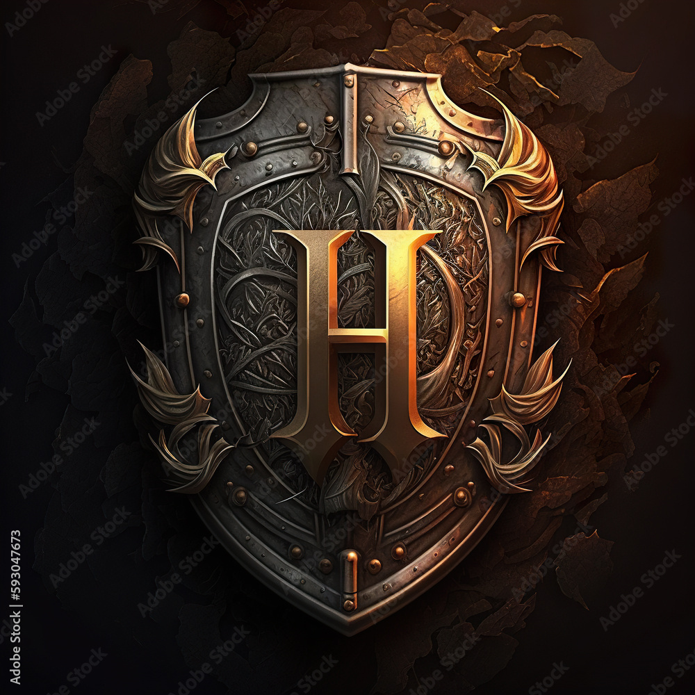 Letter H on a gladiator shield, family crest monogram created with ...