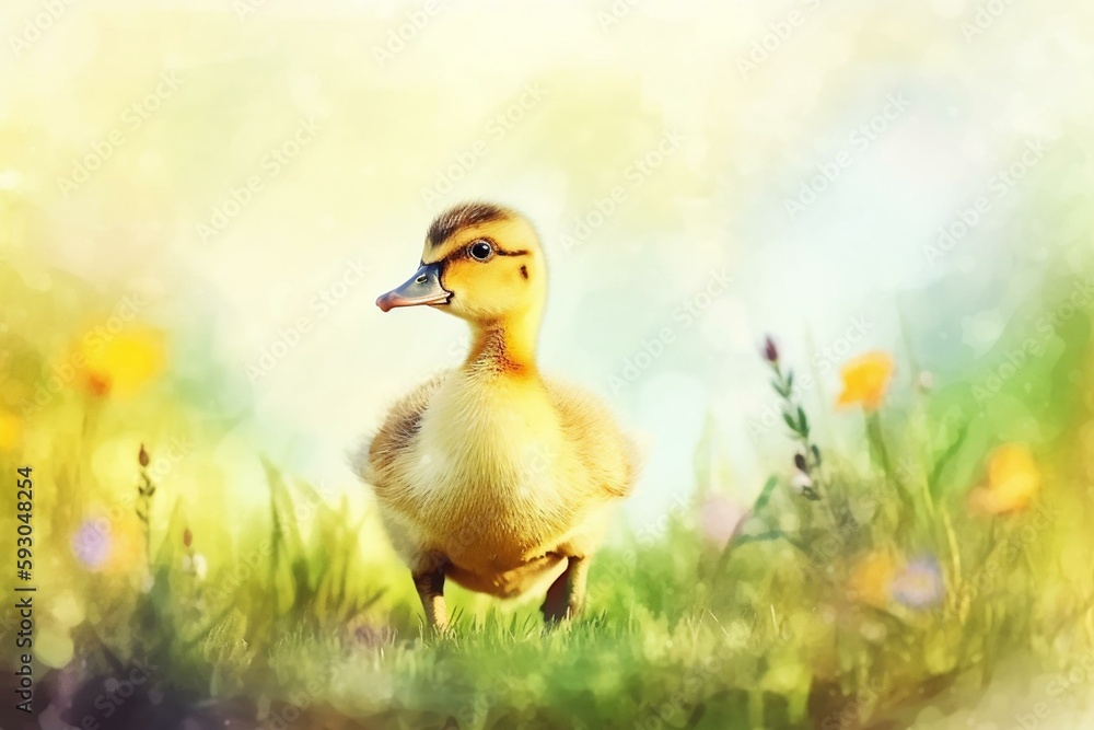 Duckling in meadow watercolour spring background, concept of Pastoral ...
