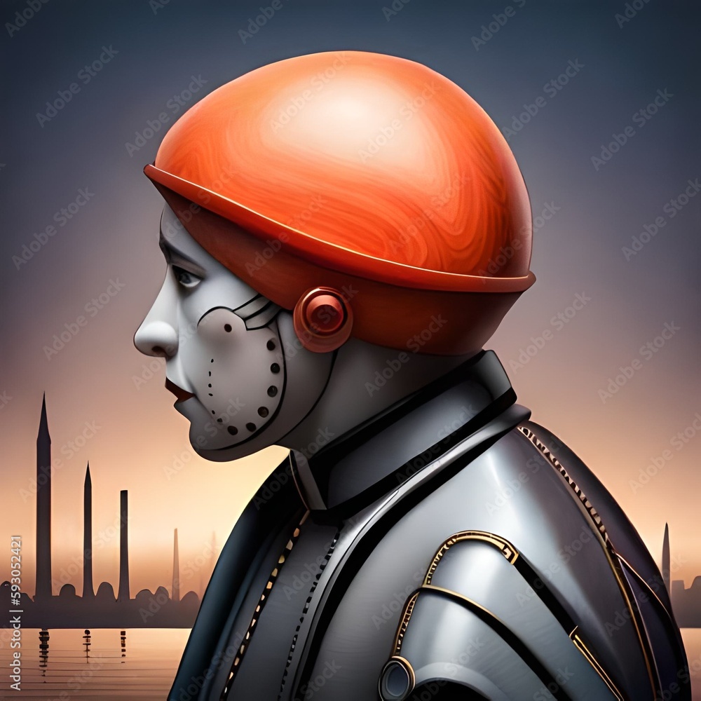 Futuristic male with helmet, cyborg, robotic, profile face, sad clown ...