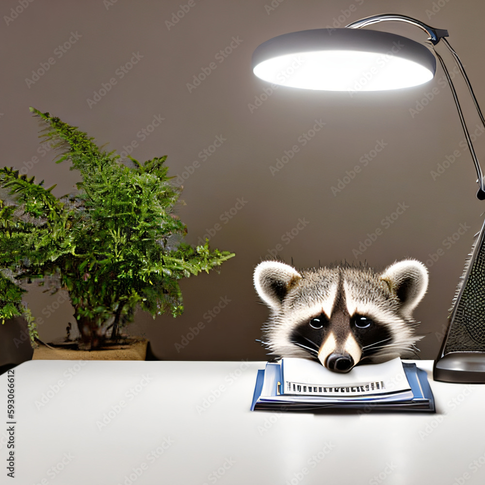 Raccoon diligently doing paper work at office desk. Working late hours ...