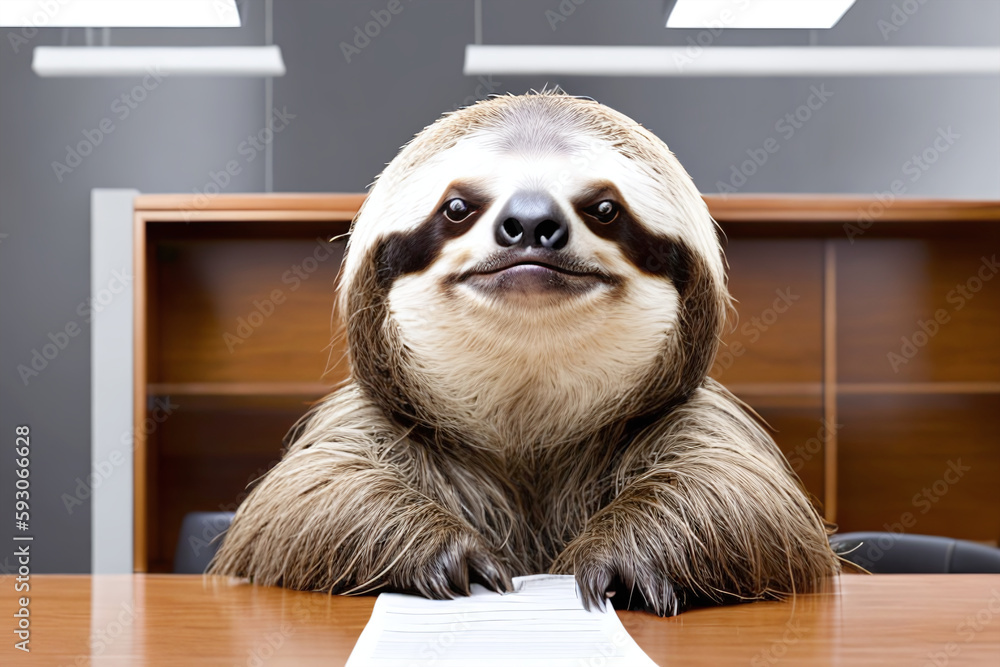 Sloth sitting at a desk, working on a laptop and paperwork. Efficiency ...