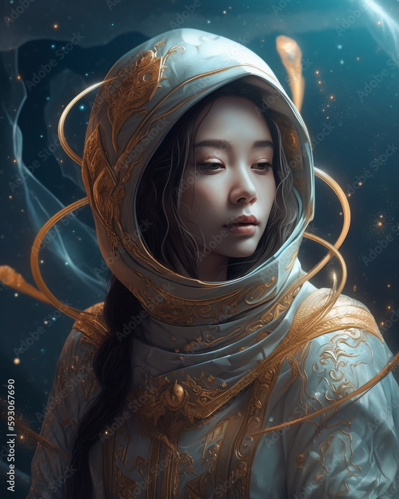 Portrait of dreamy hoodie woman in abstract surreal starry night with ...