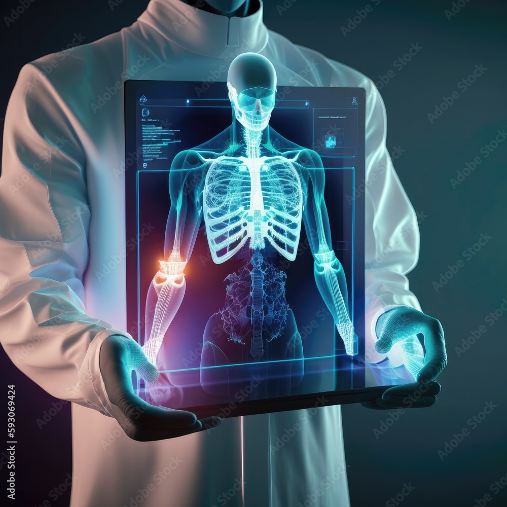 Doctor's hands holding a digital screen with the projection of a human ...