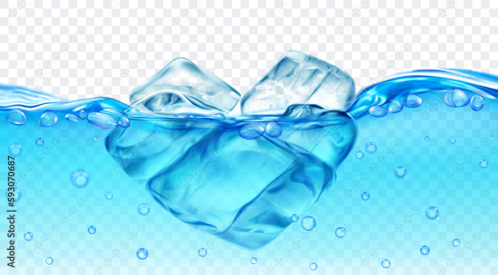 Translucent light blue ice cubes floating in water with air bubbles ...