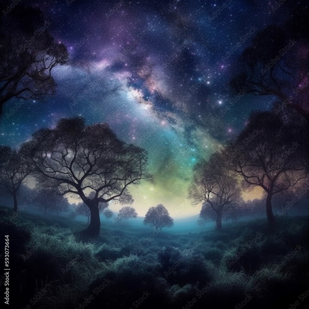 A fairy-tale pictorial depiction of a nocturnal countryside with trees ...