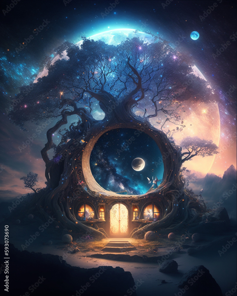 Fantasy space portal in the trunk of magical tree house with a luminous ...