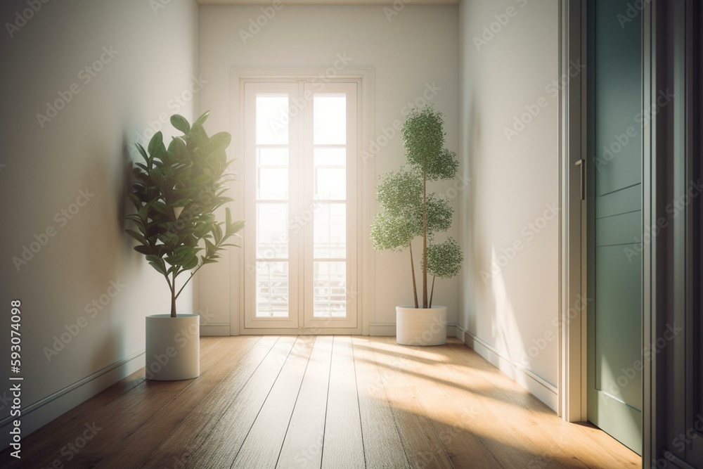 Modern style empty green room with wood laminate floor window sun light ...