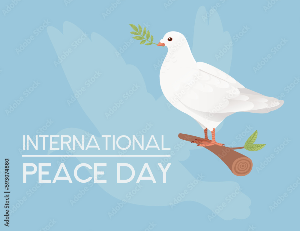International peace day sign with white pigeon bird and green leaves ...
