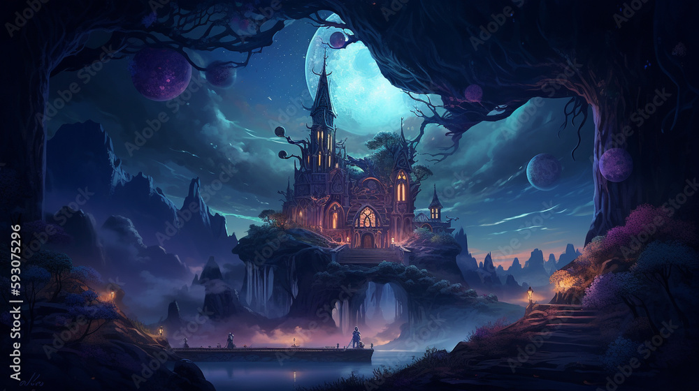 AI illustration of a fable panorama, magic castle and glowing moon ...