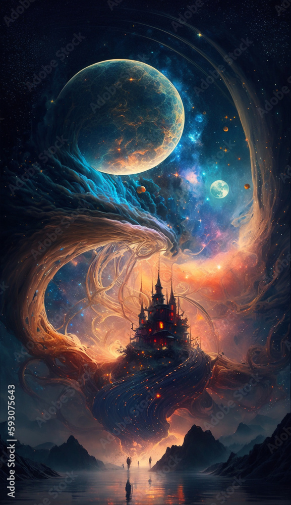 AI illustration of a cosmic panorama, magic floating castle and moon ...