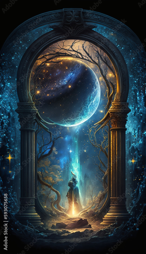 AI illustration of a fable scenery, magic huge tall entry with arch ...
