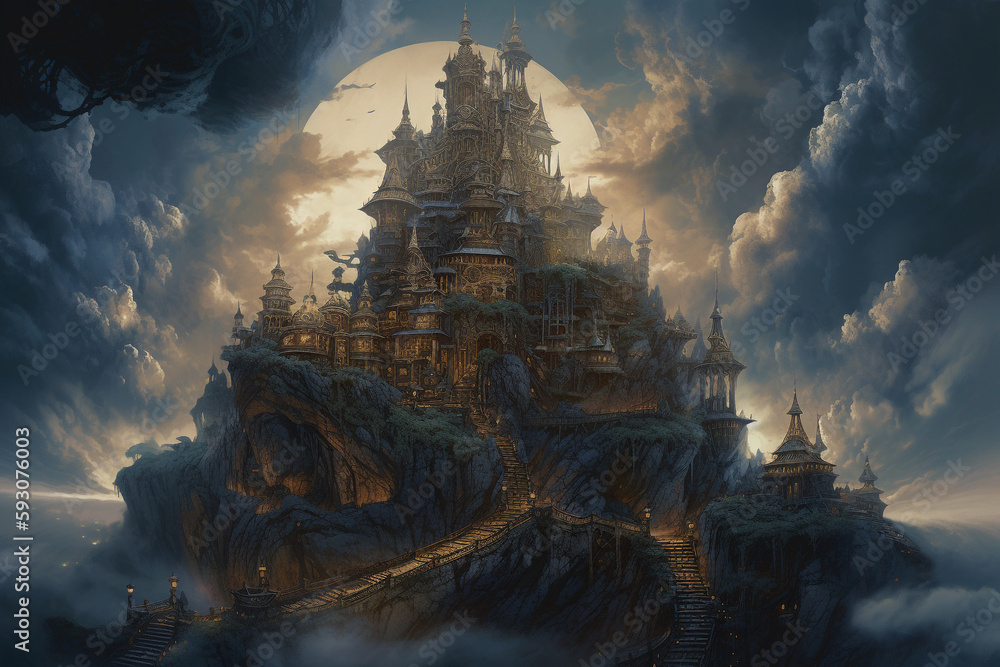 magic castle in the night with big moonlight. Epic scene and legendary ...