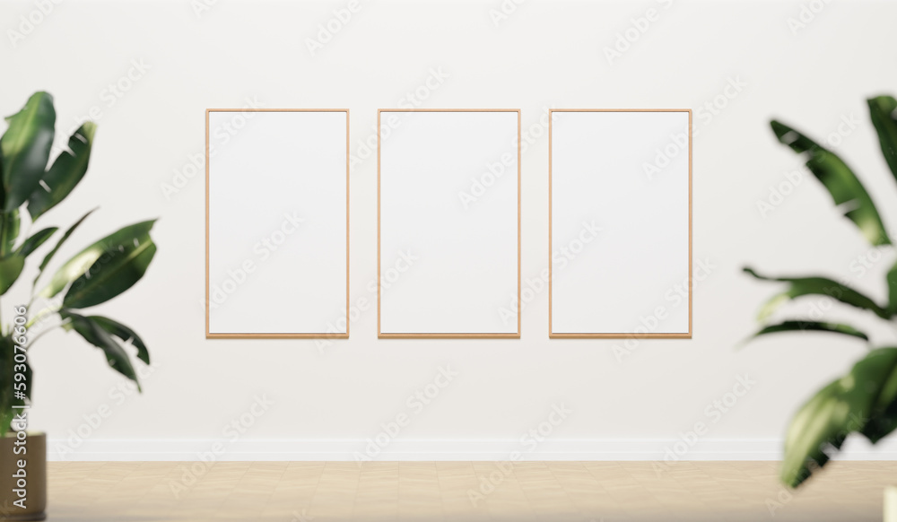 Mockup of a generic room with white wall, wooden floor, empty picture ...