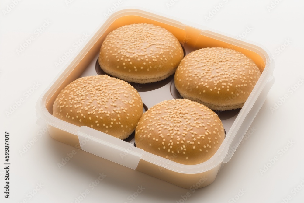 On a white background, a plastic box of sesame hamburger buns is ready ...