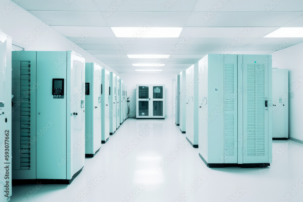Data center clean room with servers on left and right sides, high key ...