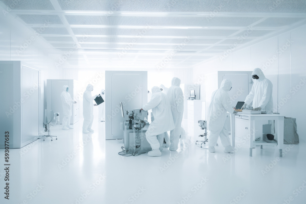 Data recovery center clean room with engineers in cleanroom suit doing ...