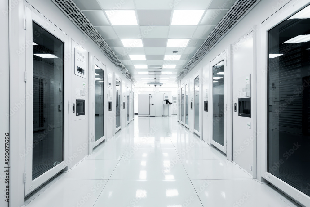 Data center clean room with servers on left and right sides, high key ...