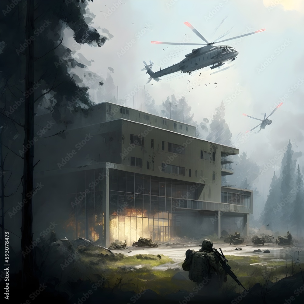 army storming a military base coming from the trees helicopters ...