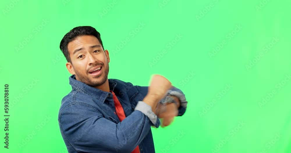 Happiness, dance and man portrait in green screen excited with music ...