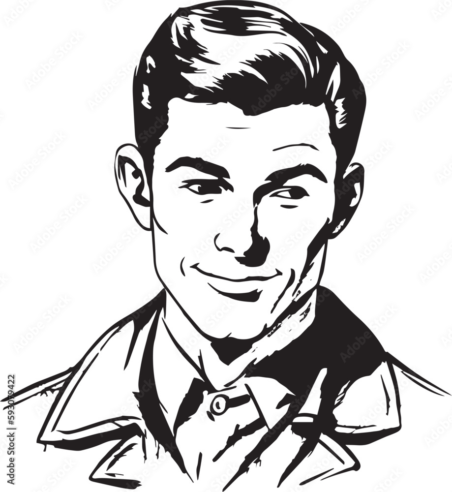 Vintage man 60s style young man . Retro comics black and white ink ...