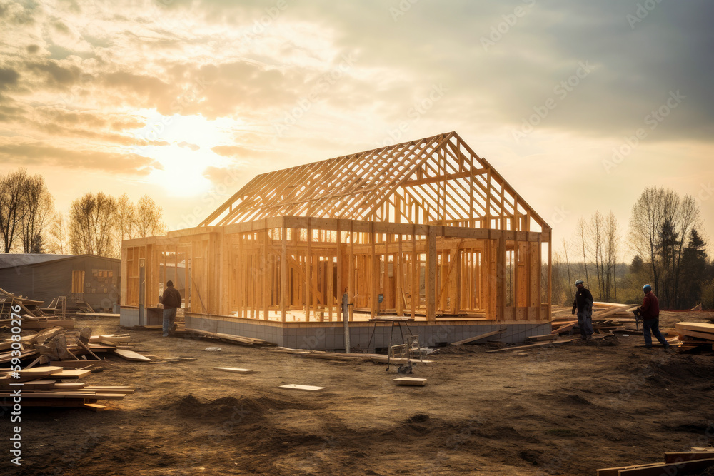 Typical american wooden house construction site with workers doing work ...