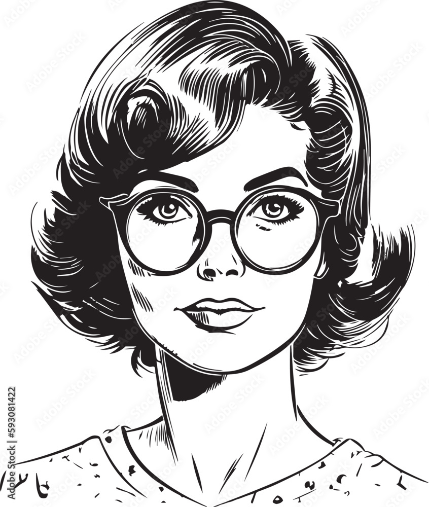 Vintage woman in glasses 60s style young woman. Retro comics woman head ...