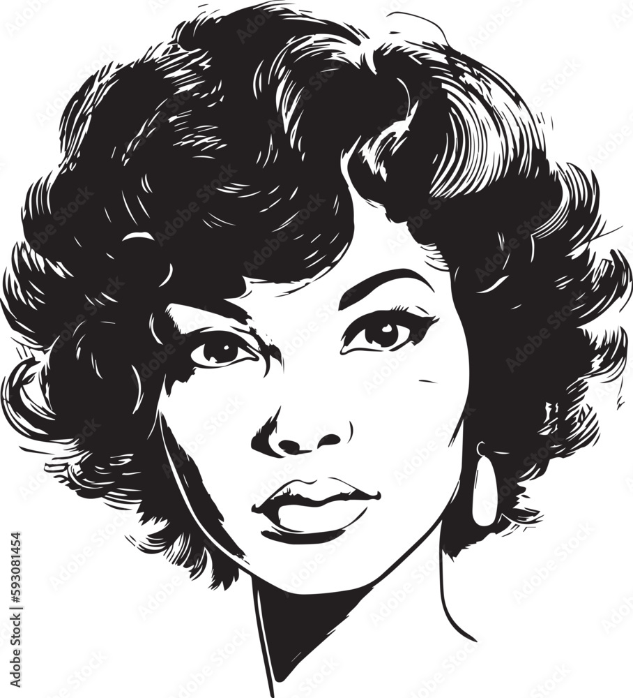 Vintage woman 60s style young woman. Retro comics woman head black and ...