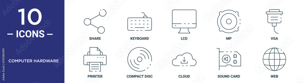 computer hardware outline icon set includes thin line share, lcd, vga ...
