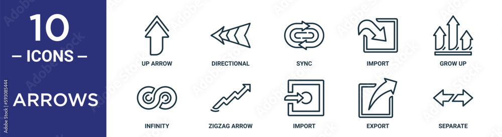 arrows outline icon set includes thin line up arrow, sync, grow up, zigzag arrow, export ...