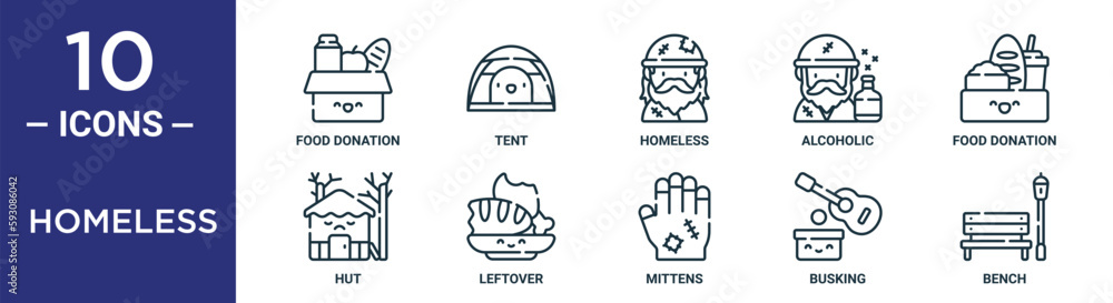 homeless outline icon set includes thin line food donation, homeless ...
