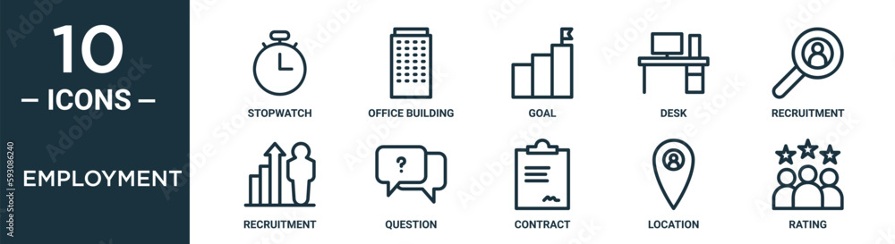employment outline icon set includes thin line stopwatch, goal ...