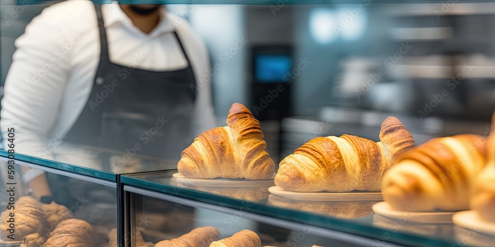 Delicious croissants are placed on the bakery shop's display case by a ...