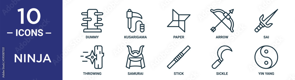 ninja outline icon set includes thin line dummy, paper, sai, samurai ...