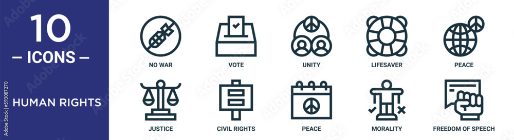 human rights outline icon set includes thin line no war, unity, peace ...