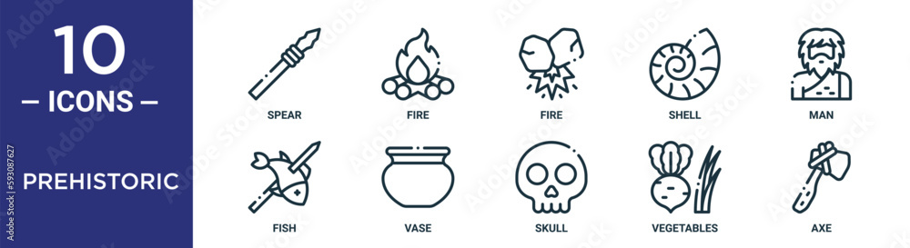 prehistoric outline icon set includes thin line spear, fire, man, vase ...
