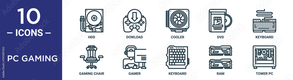 pc gaming outline icon set includes thin line hdd, cooler, keyboard ...