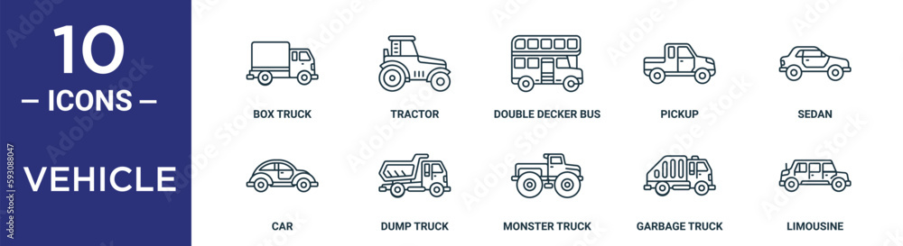 vehicle outline icon set includes thin line box truck, double decker ...