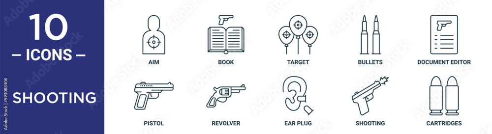 shooting outline icon set includes thin line aim, target, document ...