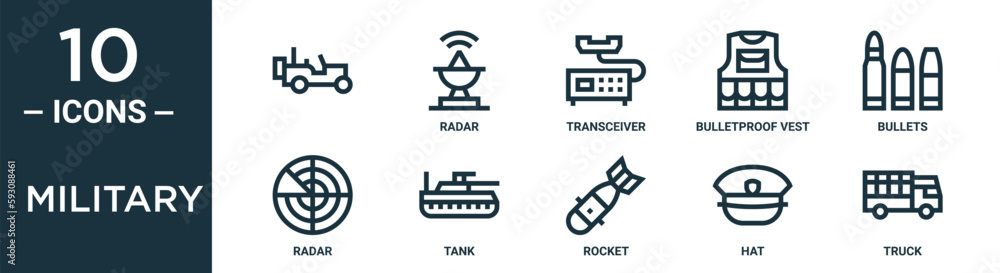 military outline icon set includes thin line , transceiver, bullets ...