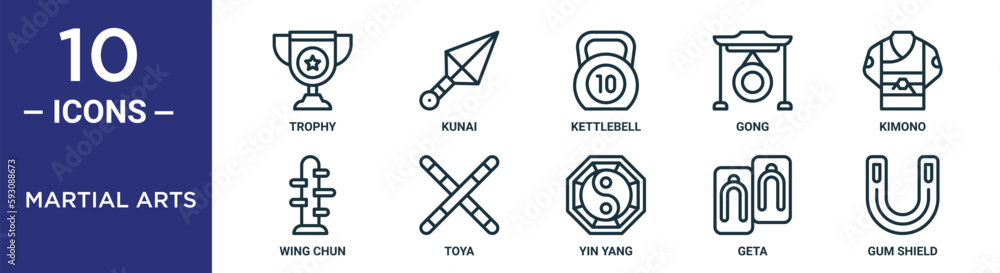 martial arts outline icon set includes thin line trophy, kettlebell ...