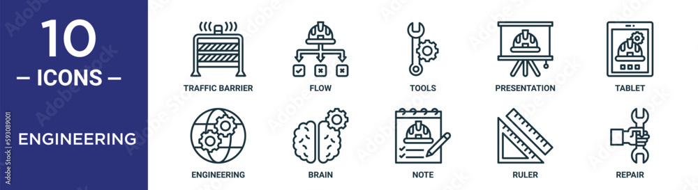engineering outline icon set includes thin line traffic barrier, tools ...