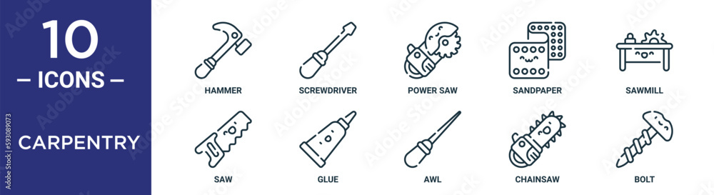 carpentry outline icon set includes thin line hammer, power saw ...