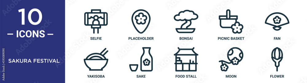 sakura festival outline icon set includes thin line selfie, bonsai, fan ...