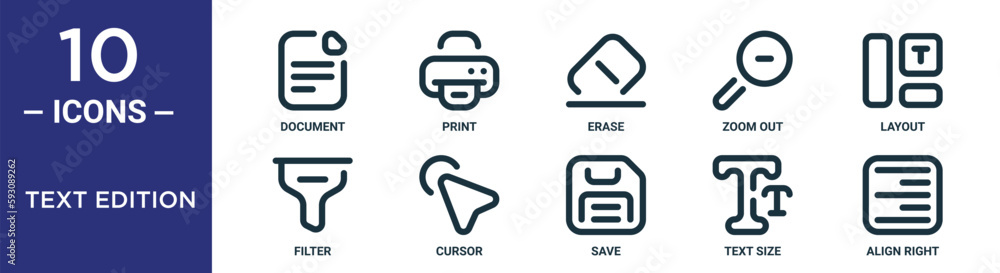text edition outline icon set includes thin line document, erase, layout, cursor, text size ...