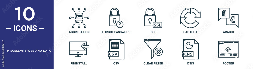 miscellany web and data outline icon set includes thin line aggregation, ssl, arabic, csv, icns ...
