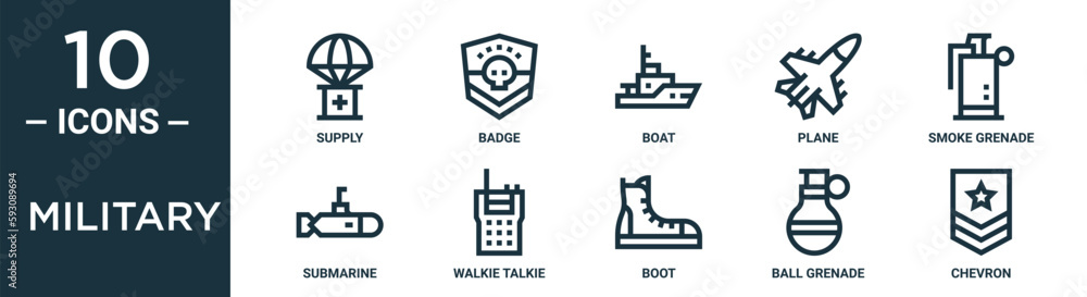 Vetor de military outline icon set includes thin line supply, boat ...