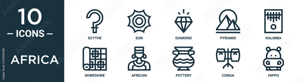 africa outline icon set includes thin line scythe, diamond, kalimba ...