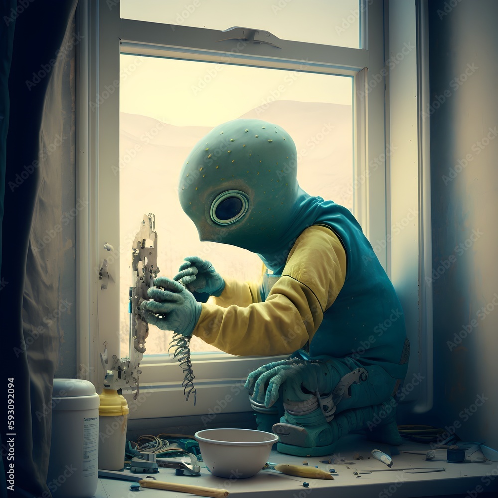 a photo of an alien dressed in a handyman suit fixing the window of a ...