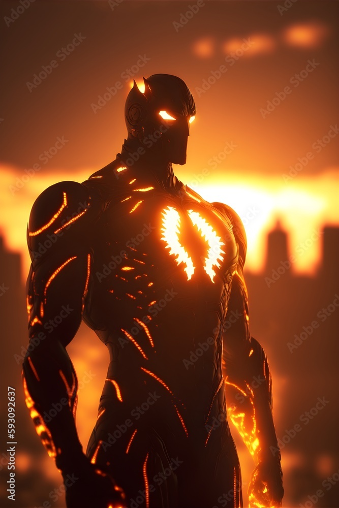 the sun as a superhero scorching heat and flames city background cinematic orange colours ...